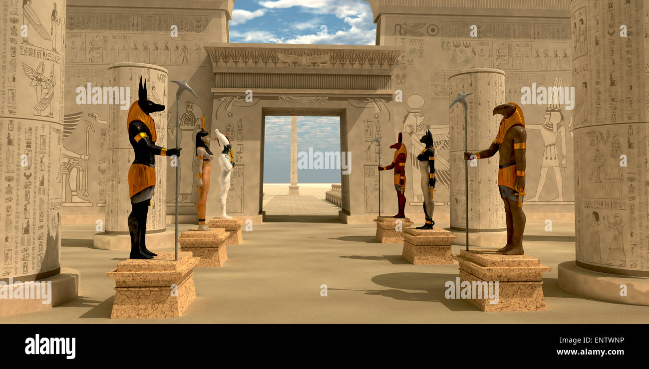 Egyptian statues of Bastet, Anubis, Atum, Hathor, Ra, and Seth stand ...