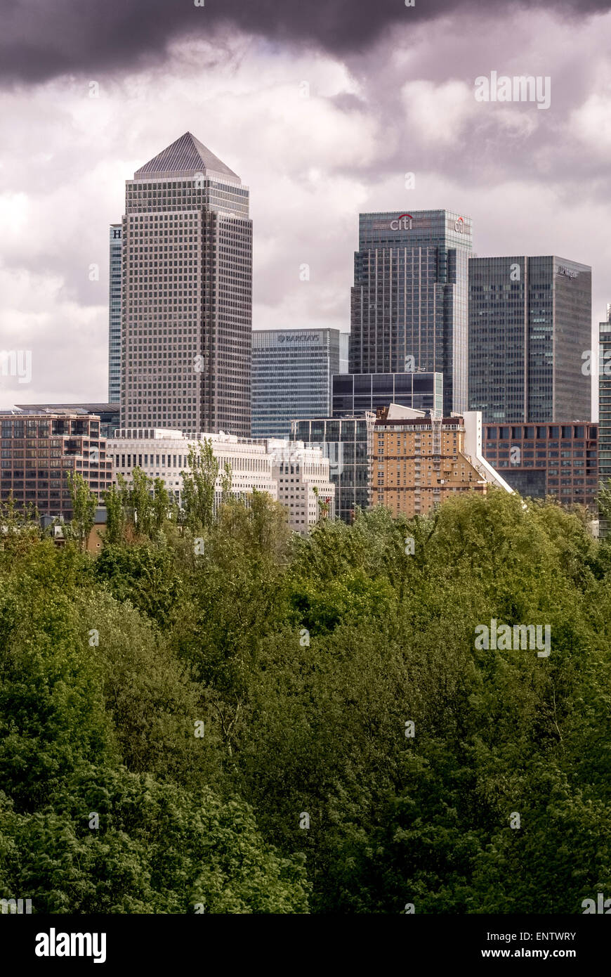 View of Canary Wharf from Stave Hill, Rotherhithe, London Stock Photo ...