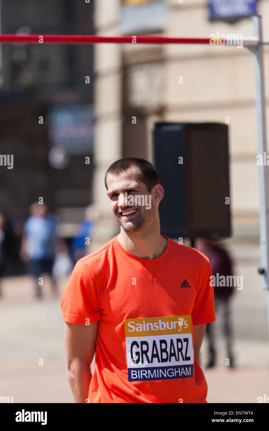 Victoria Square, Birmingham, UK.11th May 2015.Robbie Grabarz enjoys a ...