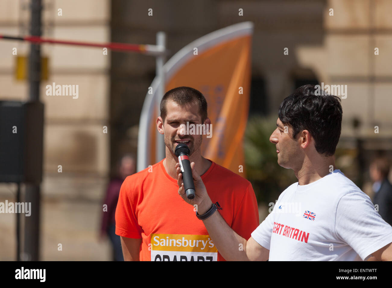 Victoria Square, Birmingham, UK.11th May 2015.Robbie Grabarz answering ...