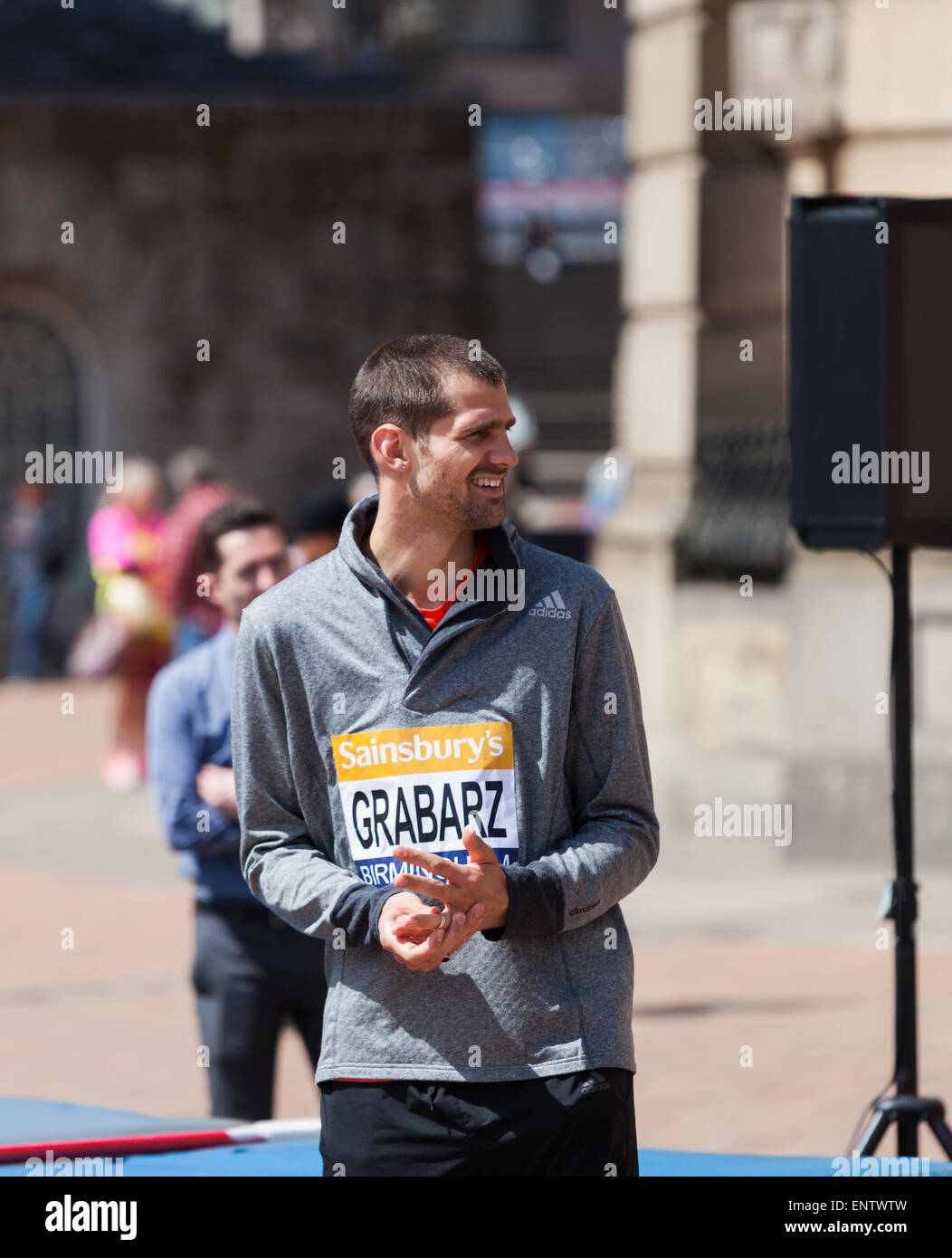 Victoria Square, Birmingham, UK.11th May 2015.Robbie Grabarz smiling in ...