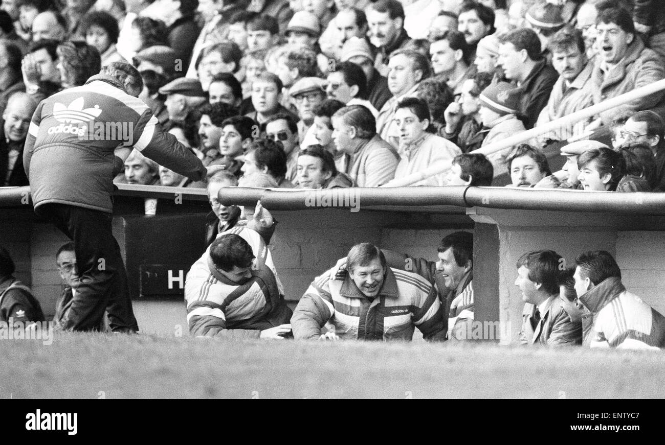 Manchester United manager Alex Ferguson celebrates a goal in the dugout ...