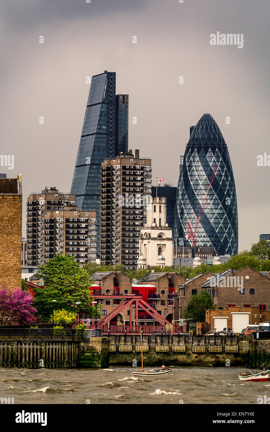 The Gherkin and Cheese Grater buildings from south side of river Thames ...