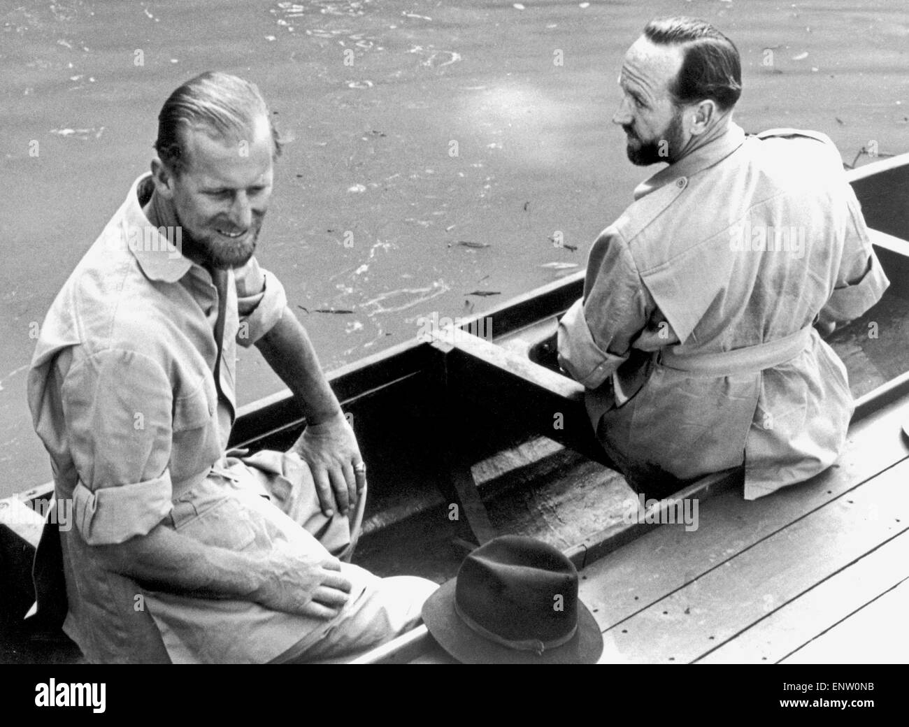 The Duke of Edinburgh and Lieutenant-Commander Parker in a canoe during ...