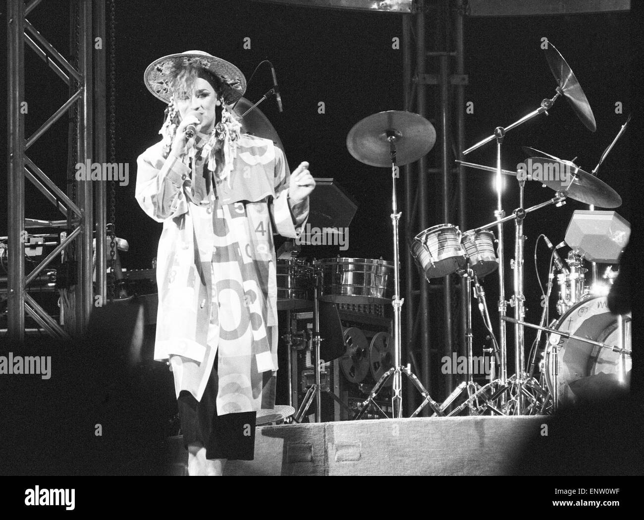 Culture Club singer Boy George performing on stage during a concert ...