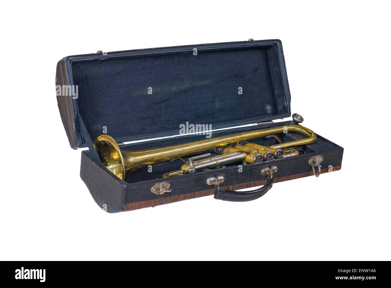 Case with an old trumpet isolated on white background Stock Photo - Alamy