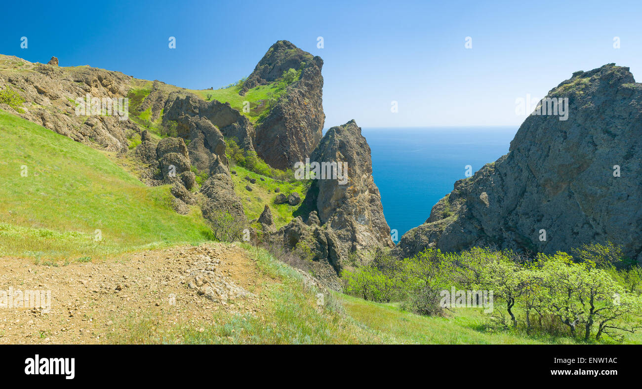 Panoramic Crimean landscape - Karadag volcanic mountain range ...