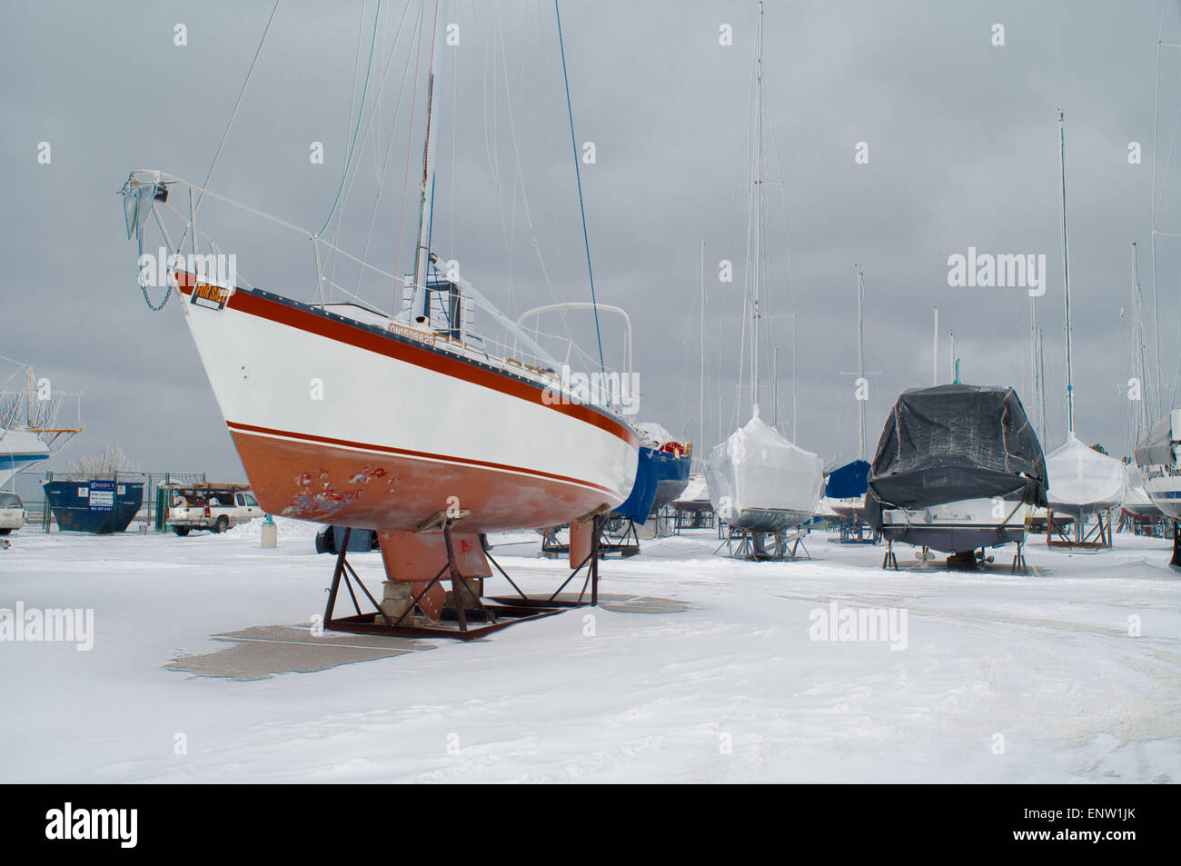 Sailboat stored for the winter season Stock Photo - Alamy