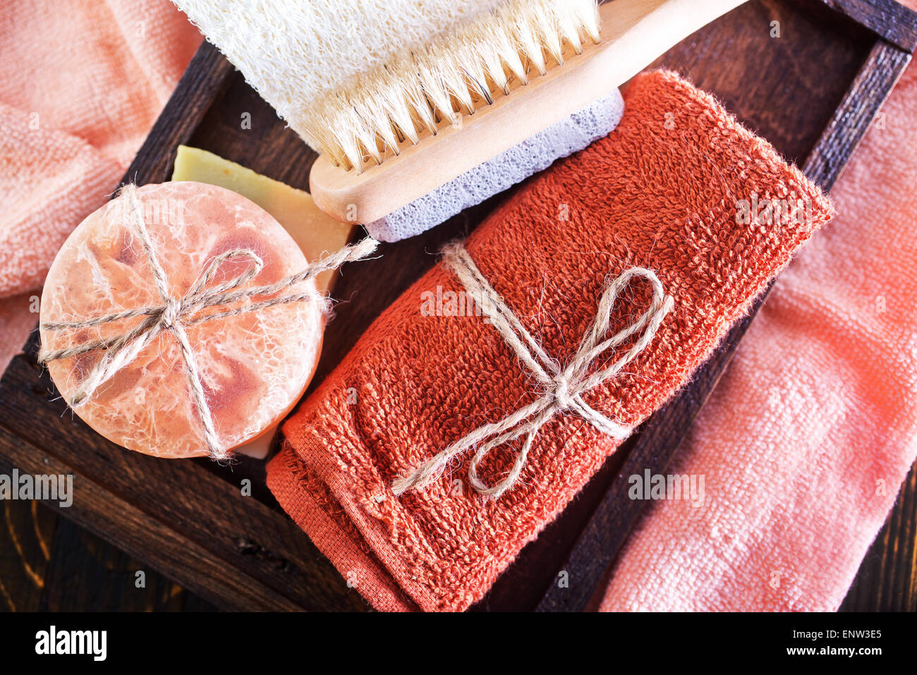 clear towels and aroma soap in the wooden box Stock Photo - Alamy