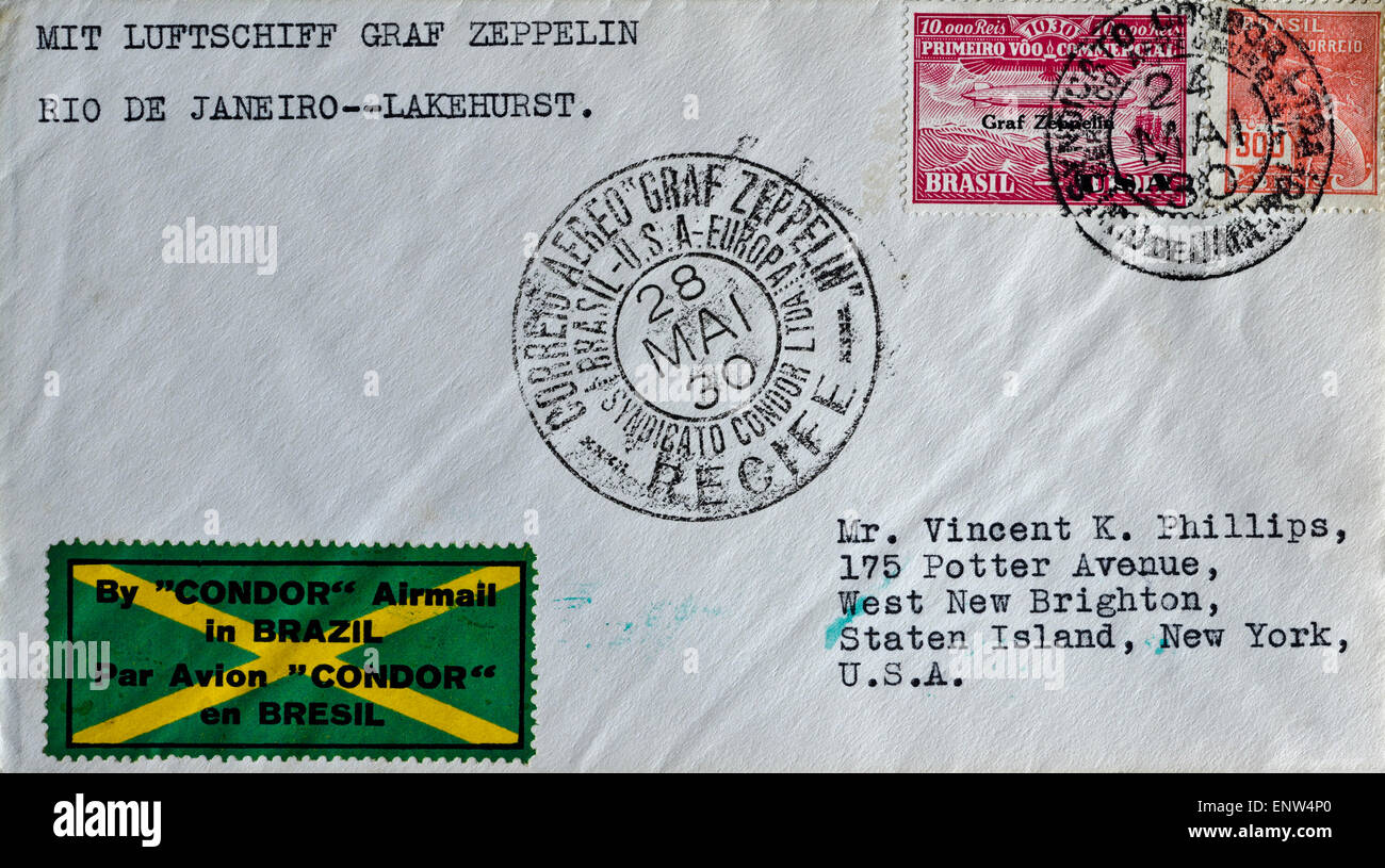 Brazilian philatelic first flight cover of the Graf Zeppelin airship ...