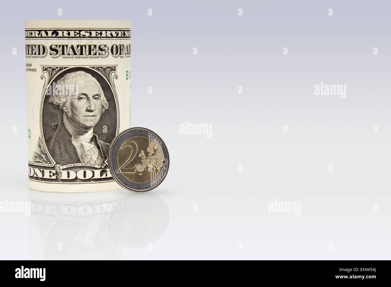 American One Dollar Bank note with a Two Euro coin Stock Photo - Alamy