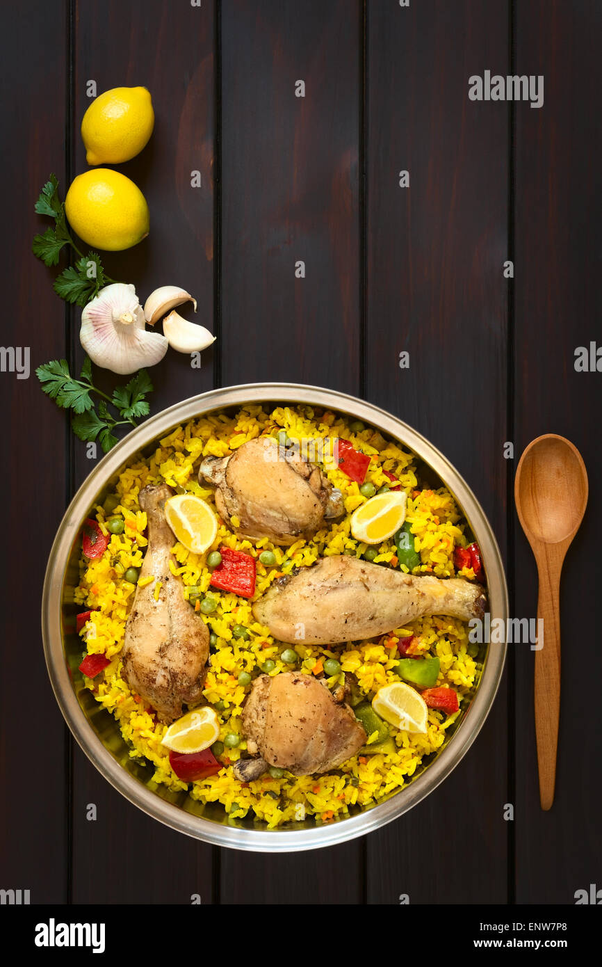 Chicken paella, a traditional Valencian (Spanish) rice dish made of ...