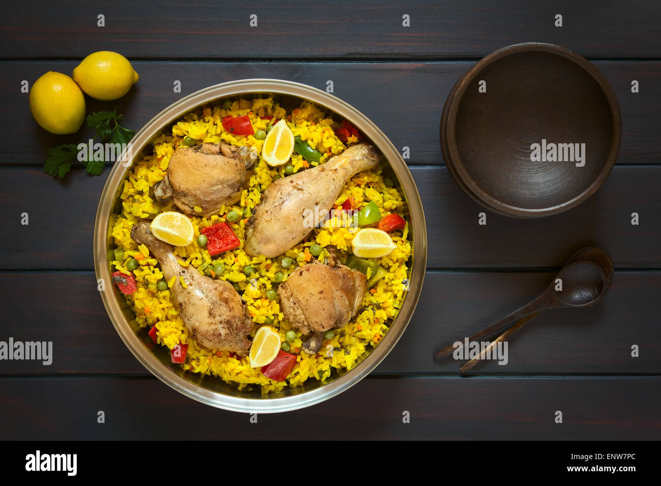 Chicken paella, a traditional Valencian (Spanish) rice dish made of ...