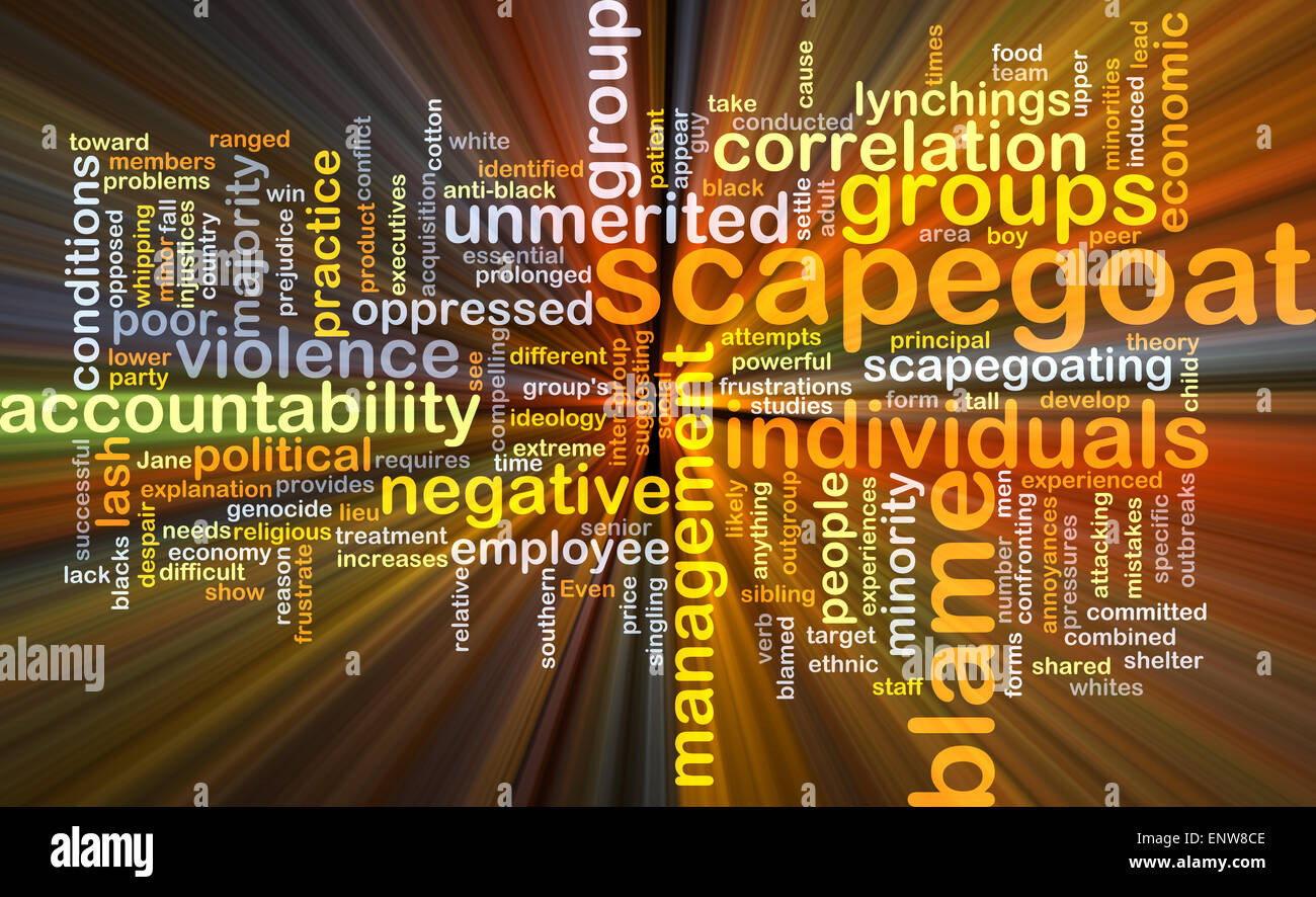Background concept wordcloud illustration of scapegoat blame glowing ... Background concept wordcloud illustration of scapegoat blame glowing ...
