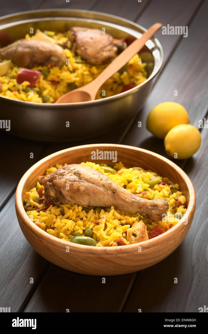 Chicken paella, a traditional Valencian (Spanish) rice dish made of ...