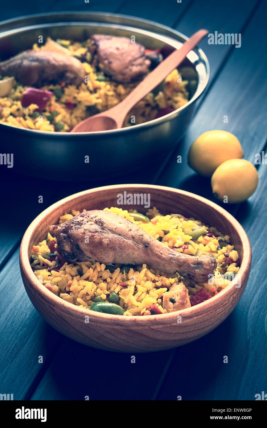 Chicken paella, a traditional Valencian (Spanish) rice dish made of ...