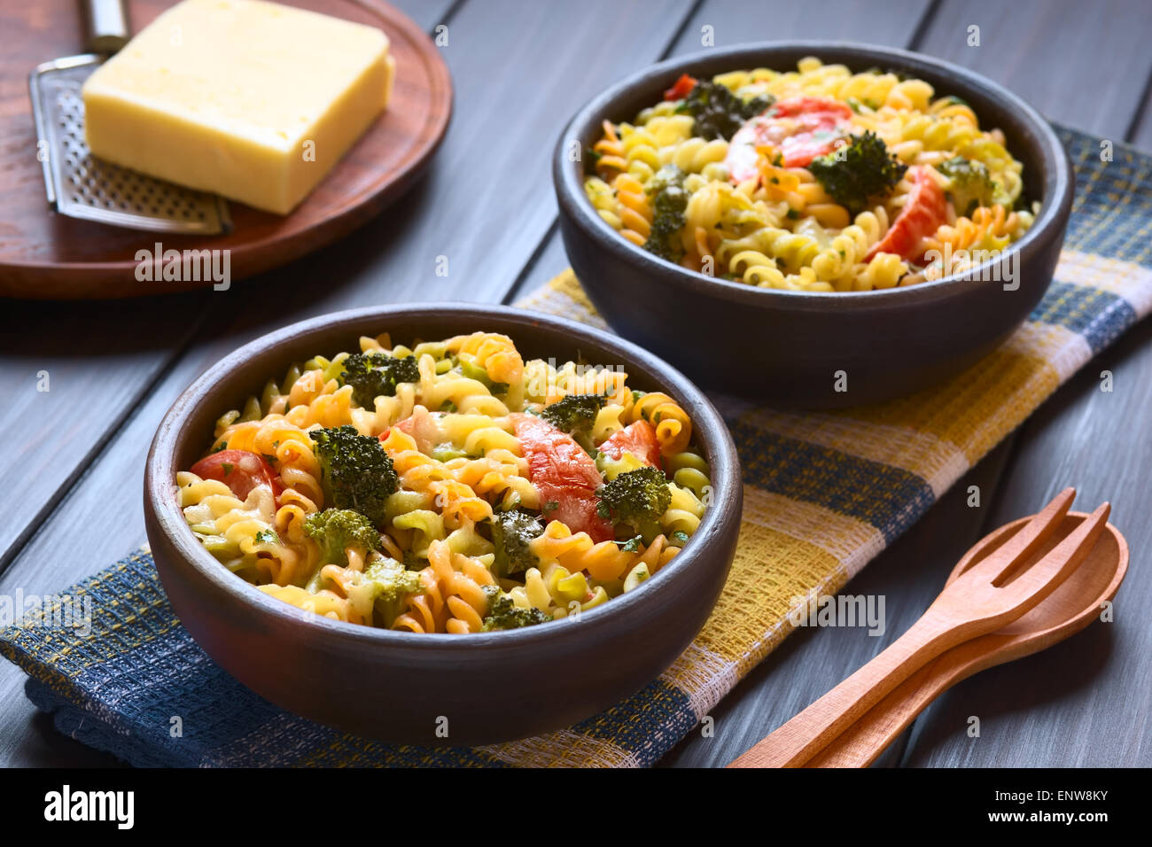 Baked tricolor fusilli pasta and vegetable (broccoli, tomato) casserole ...