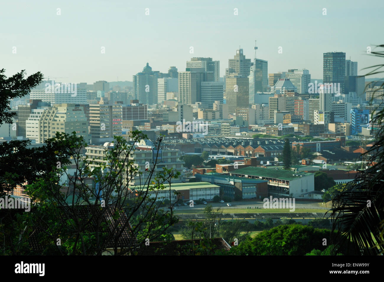 Early morning view of skyscrapers and high rise buildings in modern ...