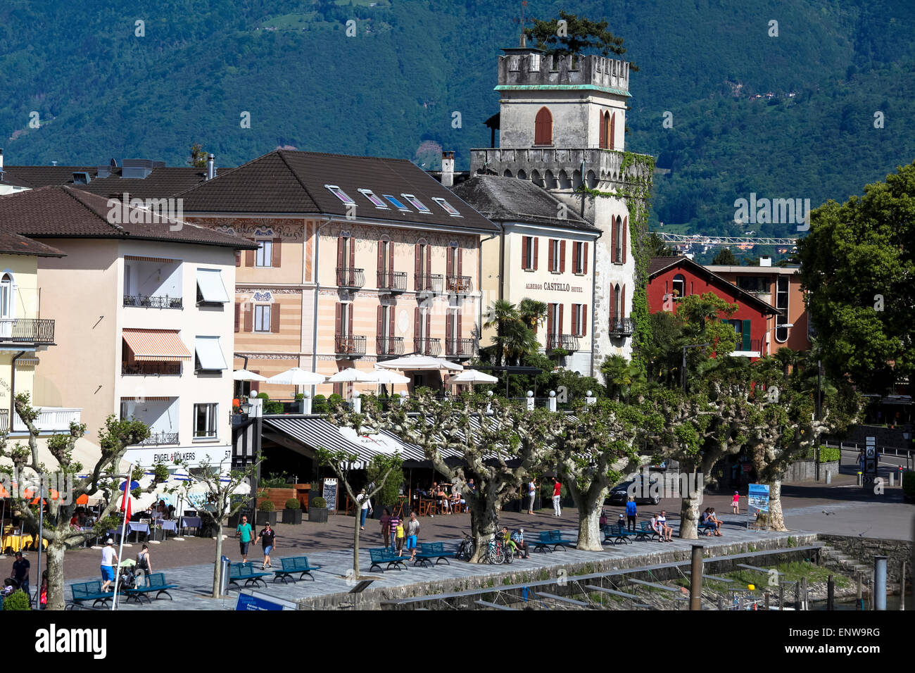 Ascona lakefront and "Il Castello" hotel on a beautiful summer day ...