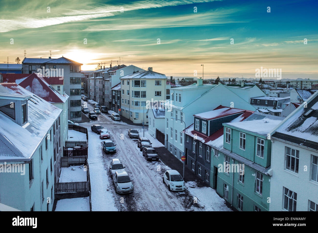 Sunrise in winter over a street in Reykjavík, Iceland Stock Photo - Alamy