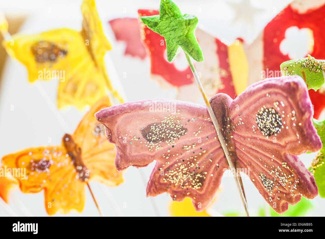 Details of sugar butterfly, as part of birthday cake decoration Stock ...