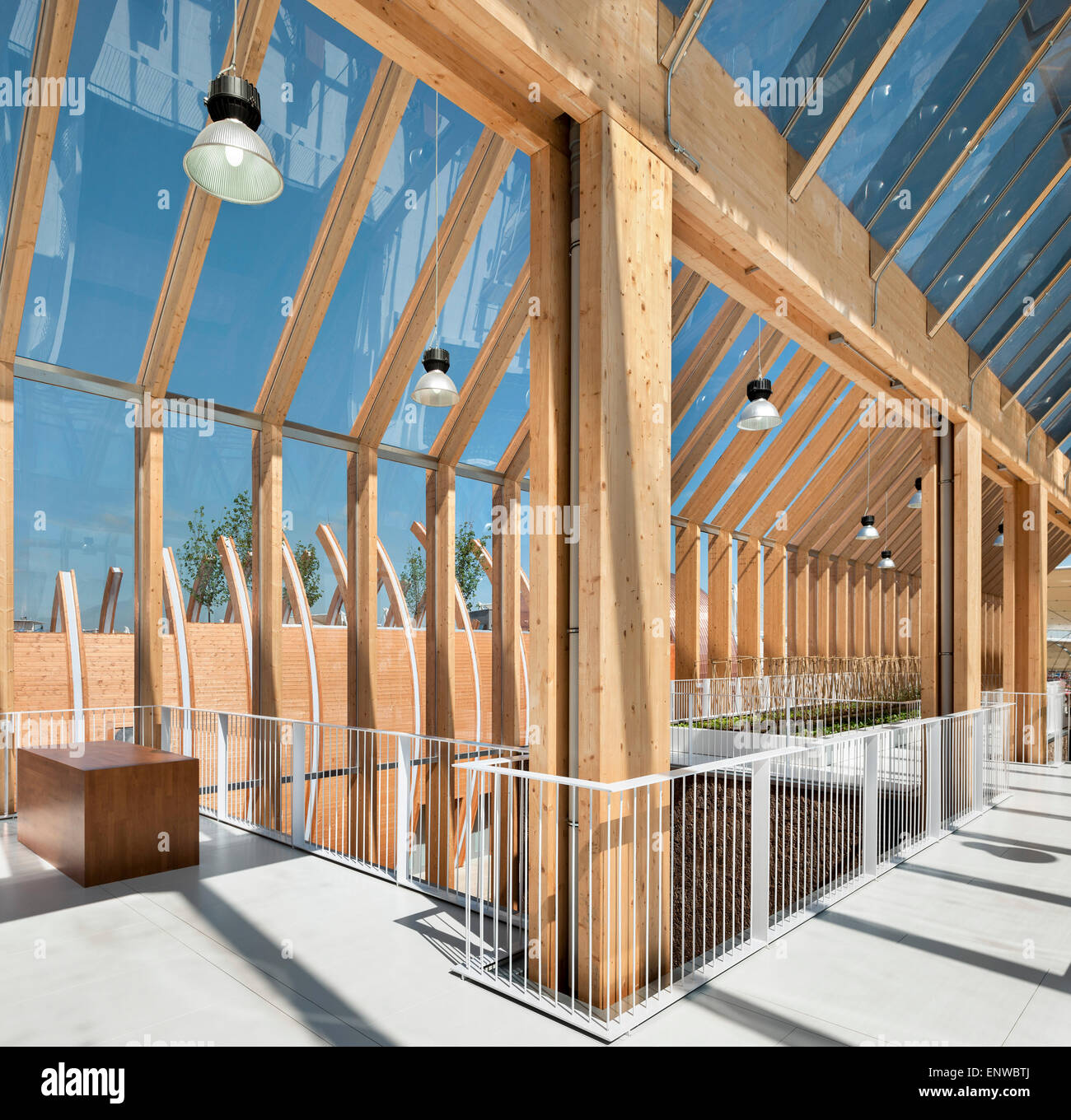 Timber frame and glazing of upper floor nave. Milan EXPO 2015, Spanish ...