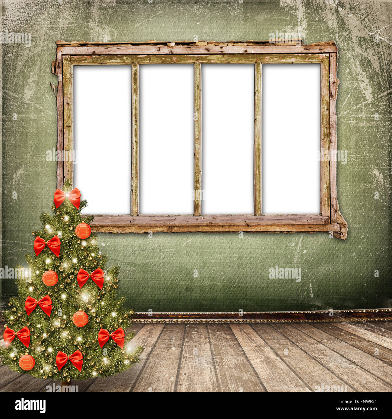 Card for congratulation. Christmas tree with balls and bows Stock Photo ...