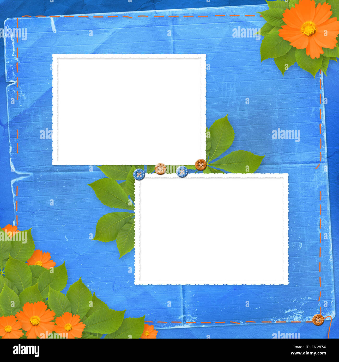 Frame with bunch of flower on the blue background Stock Photo - Alamy