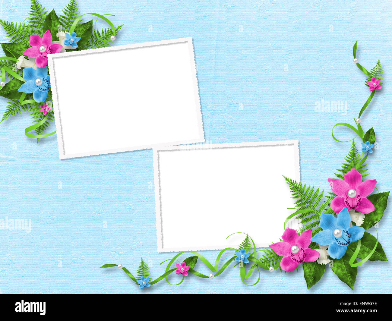 Frame for photo with blue and pink orchids Stock Photo - Alamy