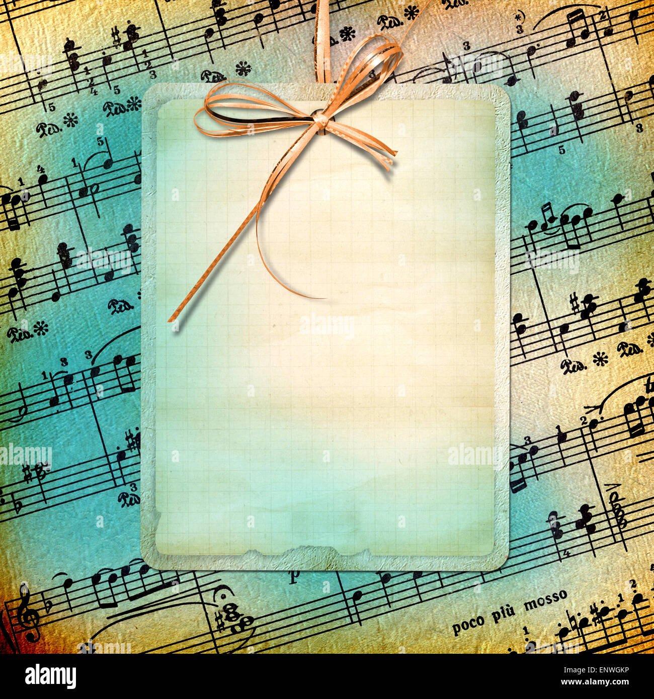 Card for invitation or advertisement with bow on the musical background ...