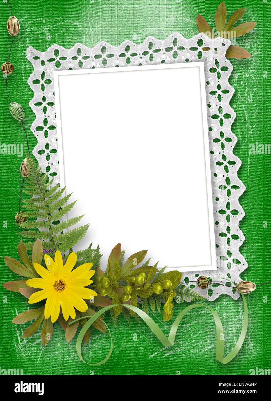 lace frame with ribbons and beads for photo Stock Photo - Alamy