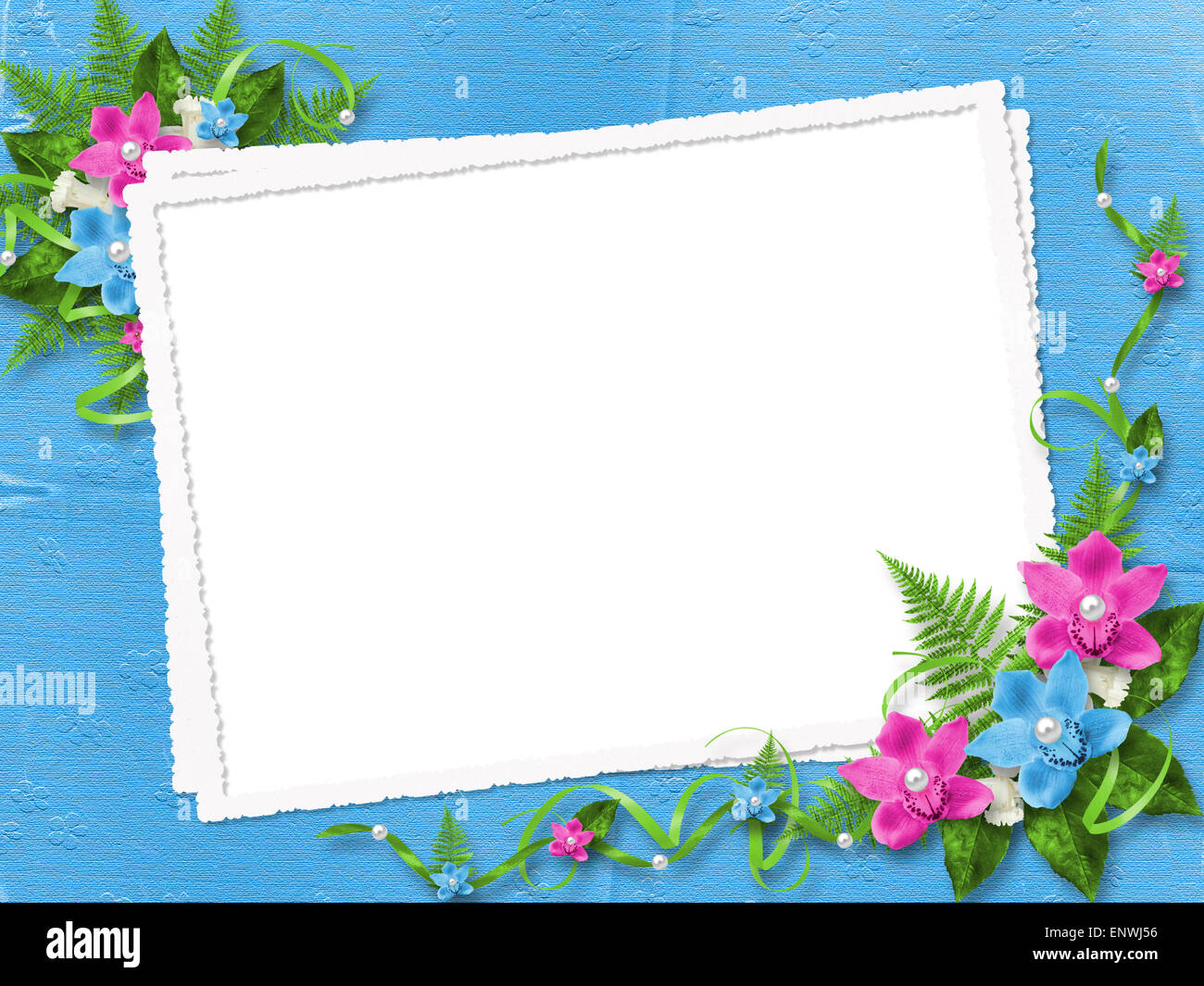 Frame for photo with blue and pink orchids Stock Photo - Alamy