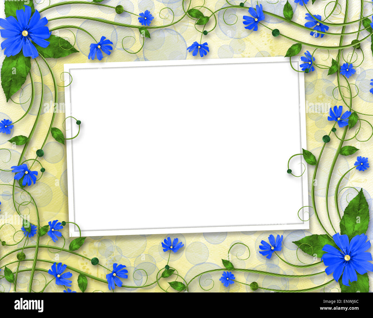 Congratulations to the holiday with frame and blue flowers Stock Photo ...