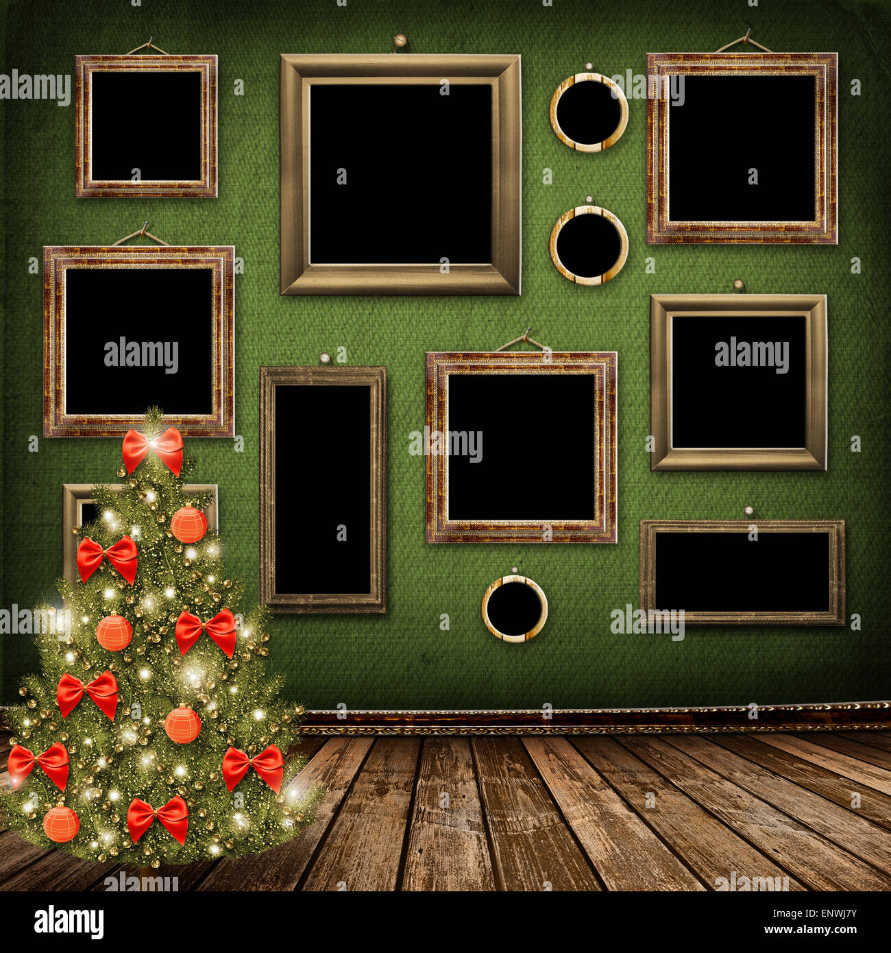 Card for congratulation. Christmas tree with balls and bows Stock Photo ...