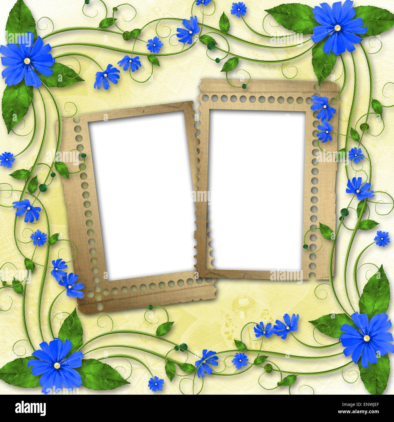 Congratulations to the holiday with frame and blue flowers Stock Photo ...