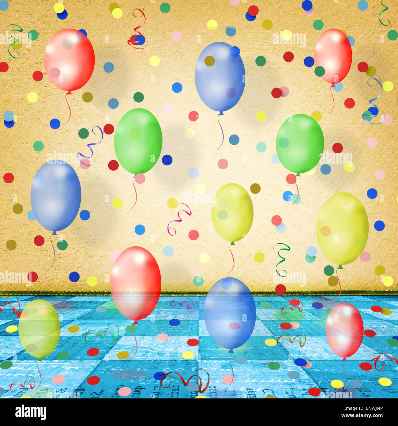 The dance room for the holidays with balloons, streamers and confetti ...
