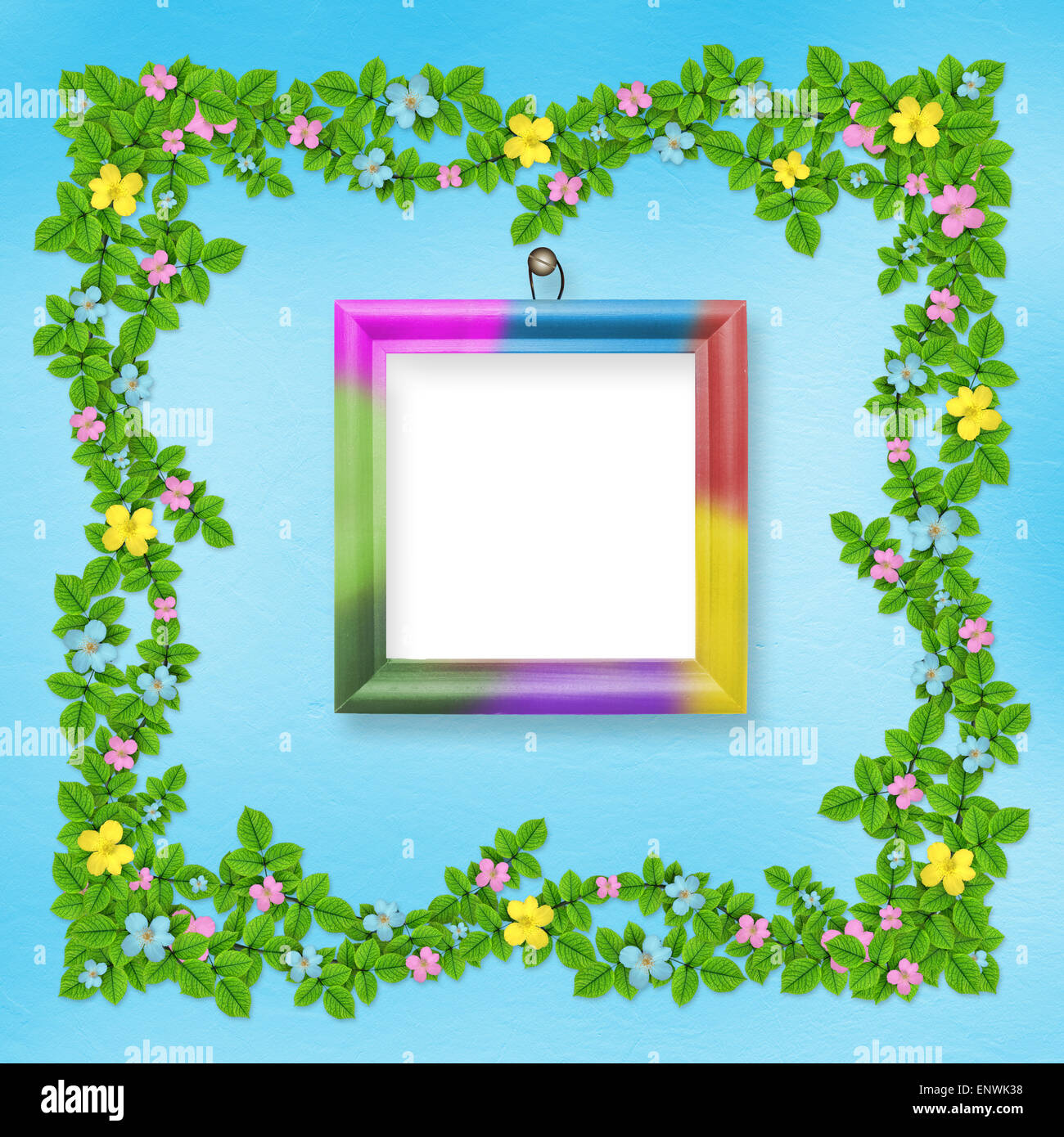 Wooden frame with flower garland on the blue background Stock Photo - Alamy