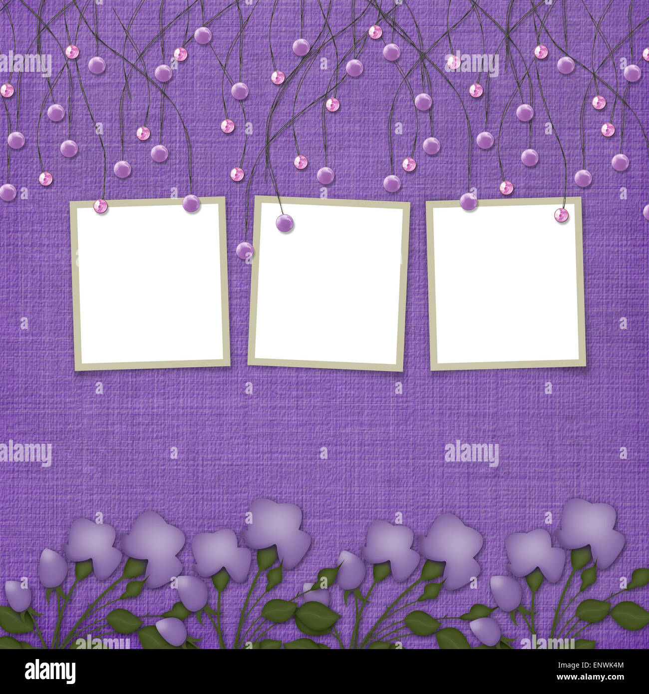 Violet abstract background with suspended beads and frames Stock Photo ...