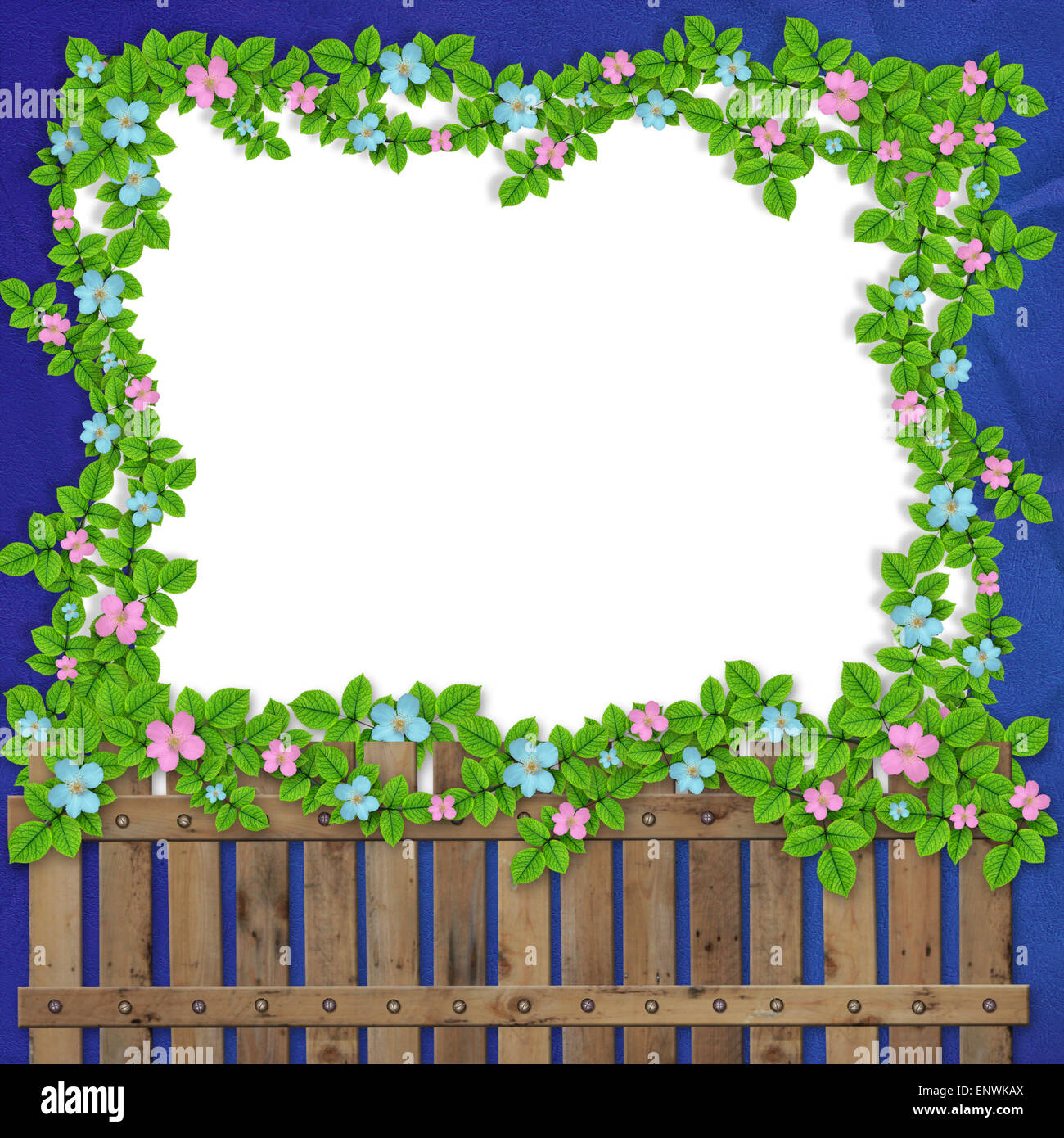 Wooden fence on the abstract background with floral garland Stock Photo ...