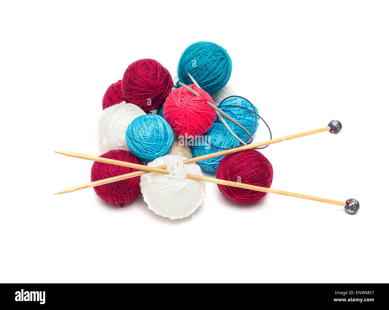 colorful balls of wool with needles Stock Photo - Alamy