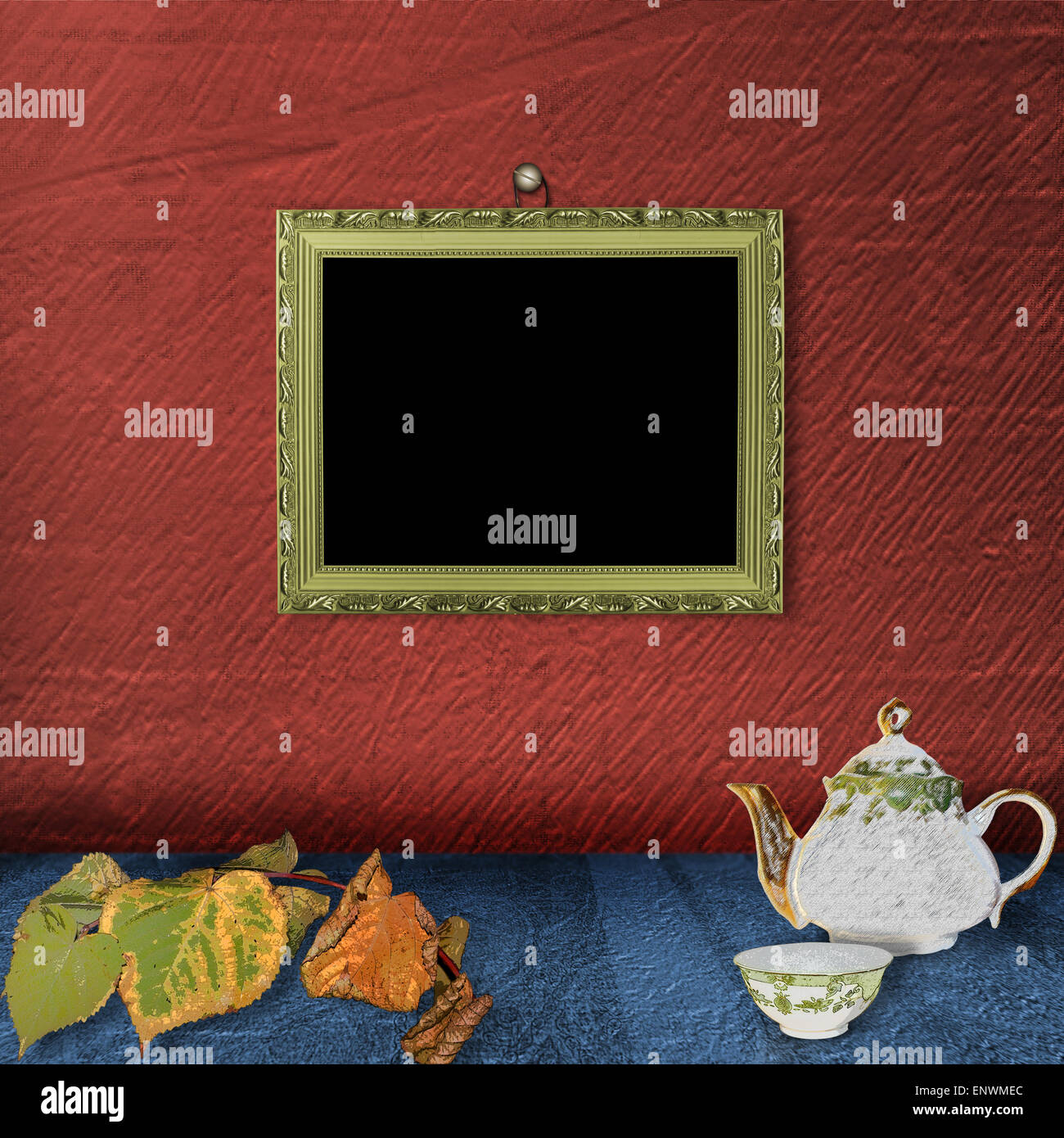 The wooden frame on the wall and teapot with cup of tea on the table ...