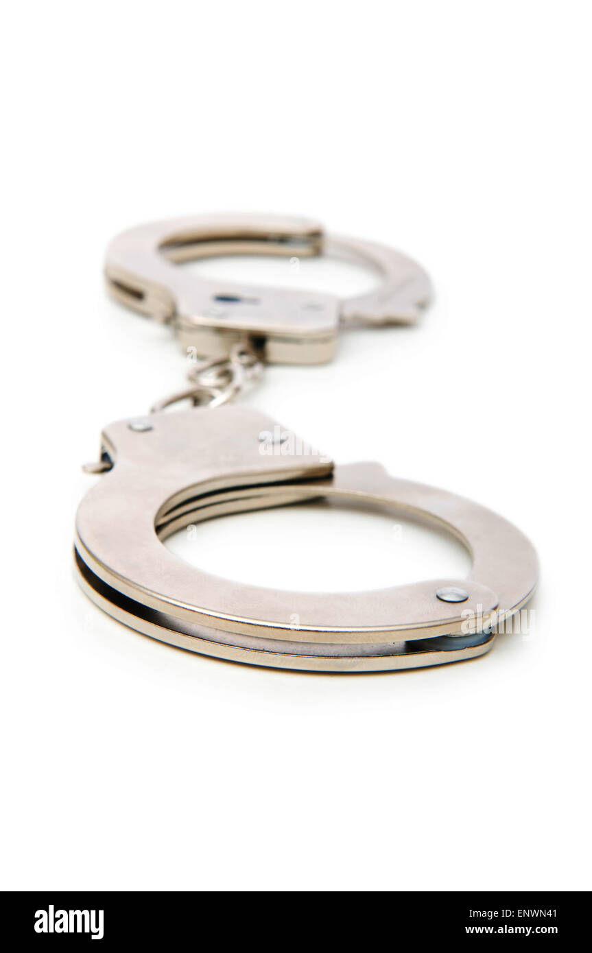 Metal handcuffs isolated on the white background Stock Photo - Alamy