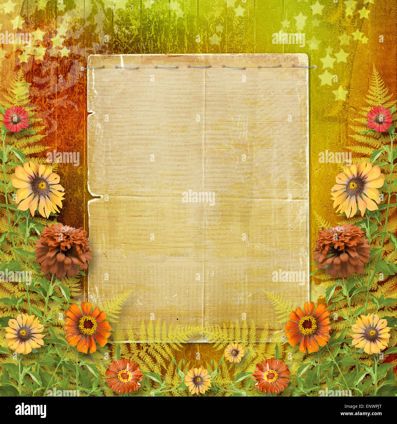 multicoloured card for greetings or invitations with bunch of flowers ...