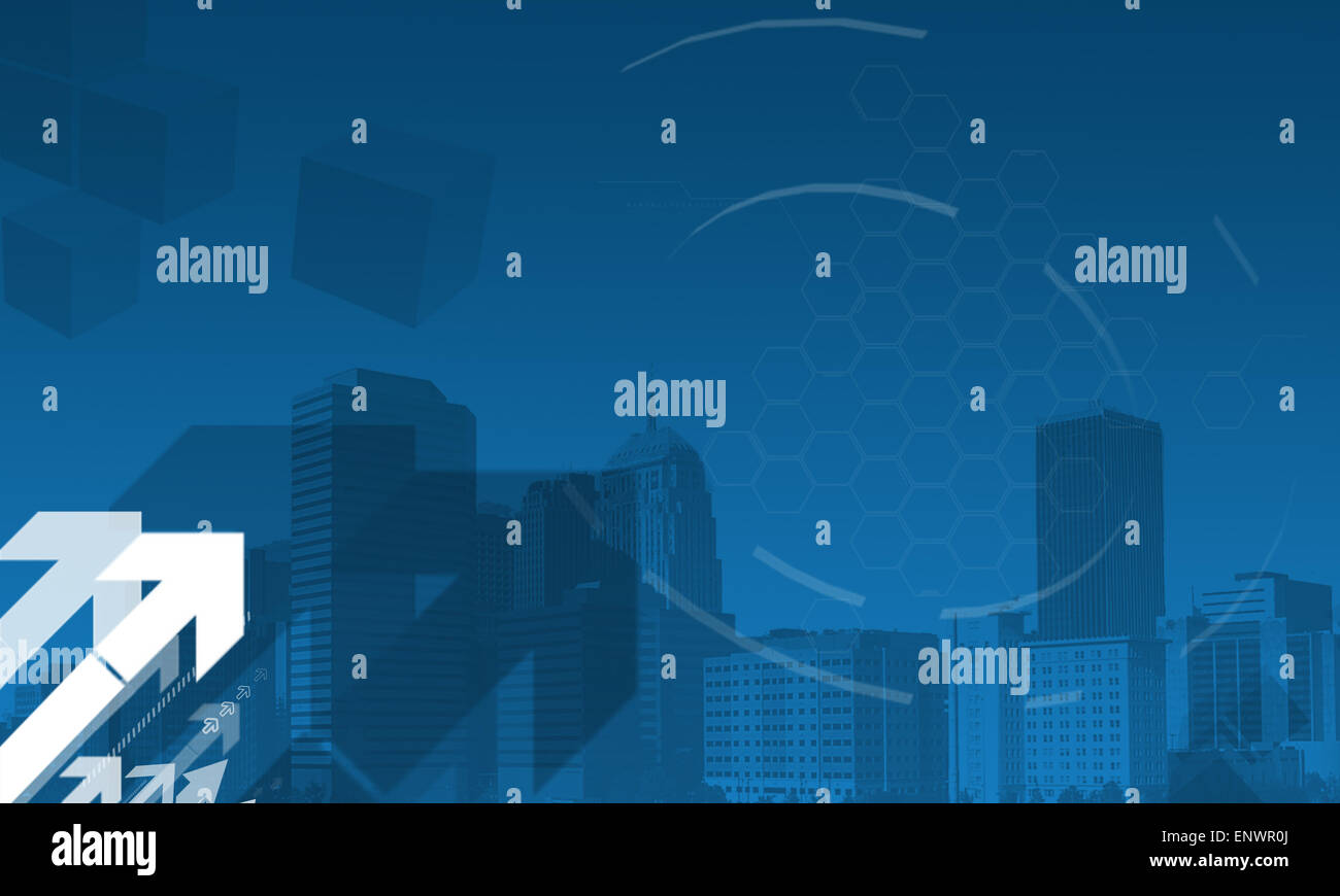 Business background in blue with arrows and urban buildings Stock Photo ...