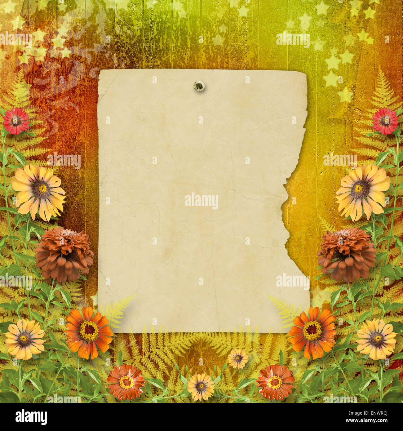 multicoloured card for greetings or invitations with bunch of flowers ...