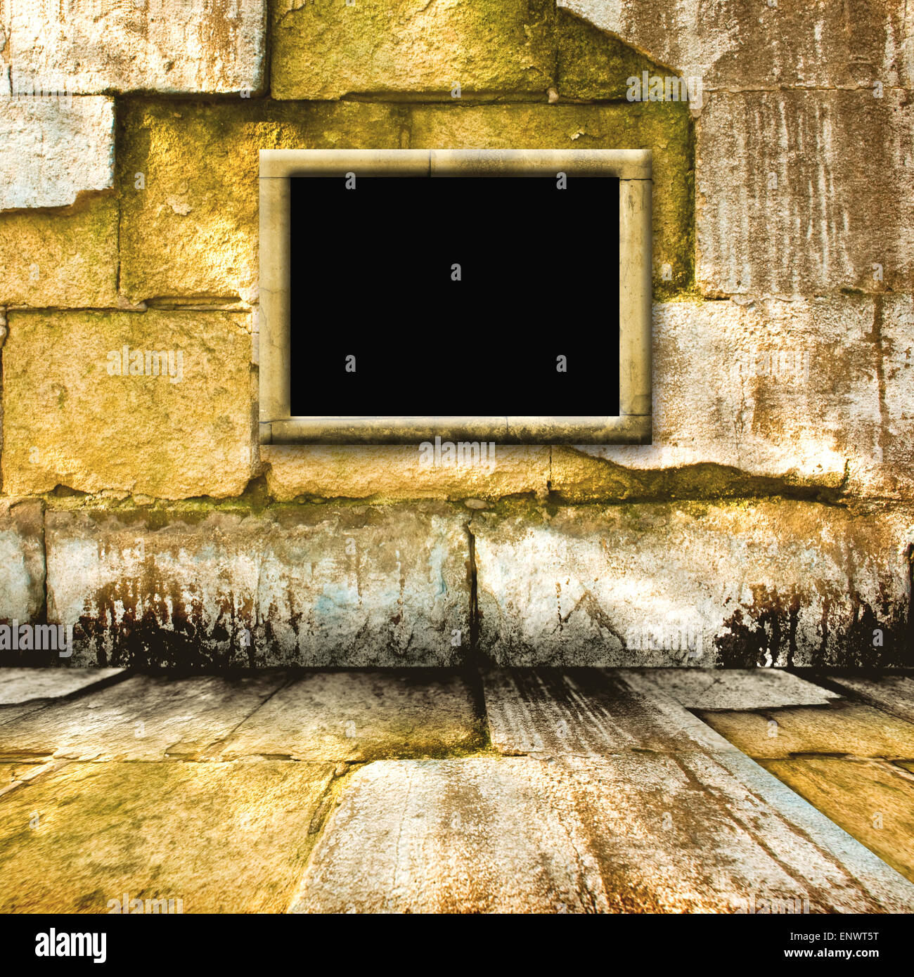 The old stone room with wooden picture frames in Victorian style Stock ...