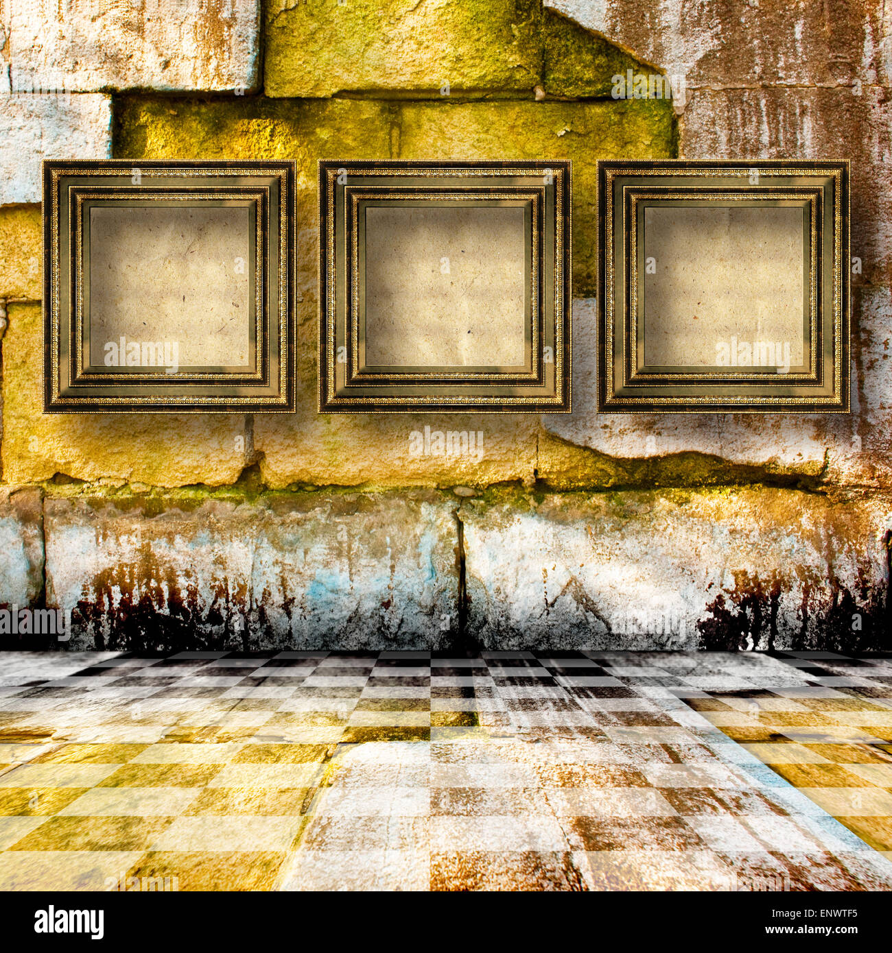 The old stone room with wooden picture frames in Victorian style Stock ...