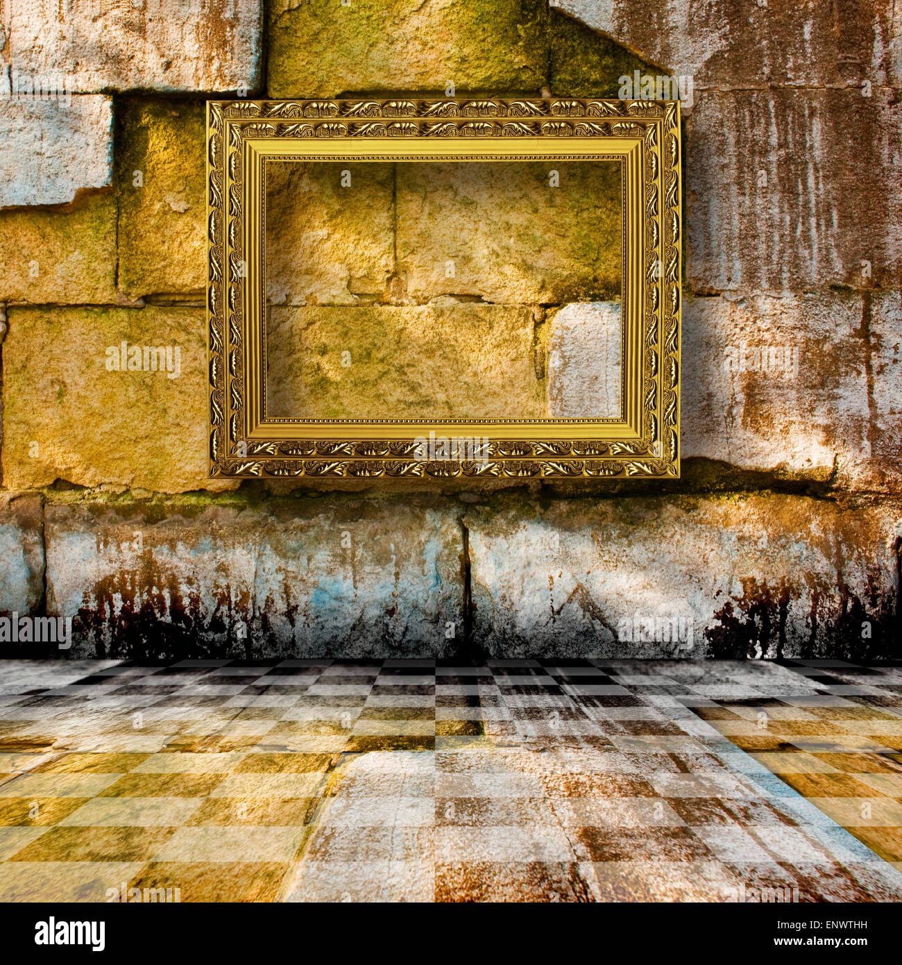 The old stone room with wooden picture frames in Victorian style Stock ...