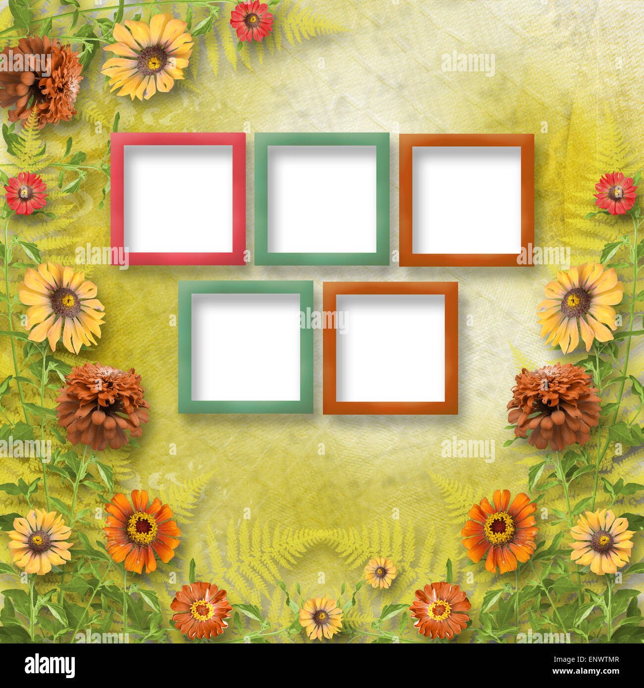 multicoloured card for greetings or invitations with bunch of flowers ...