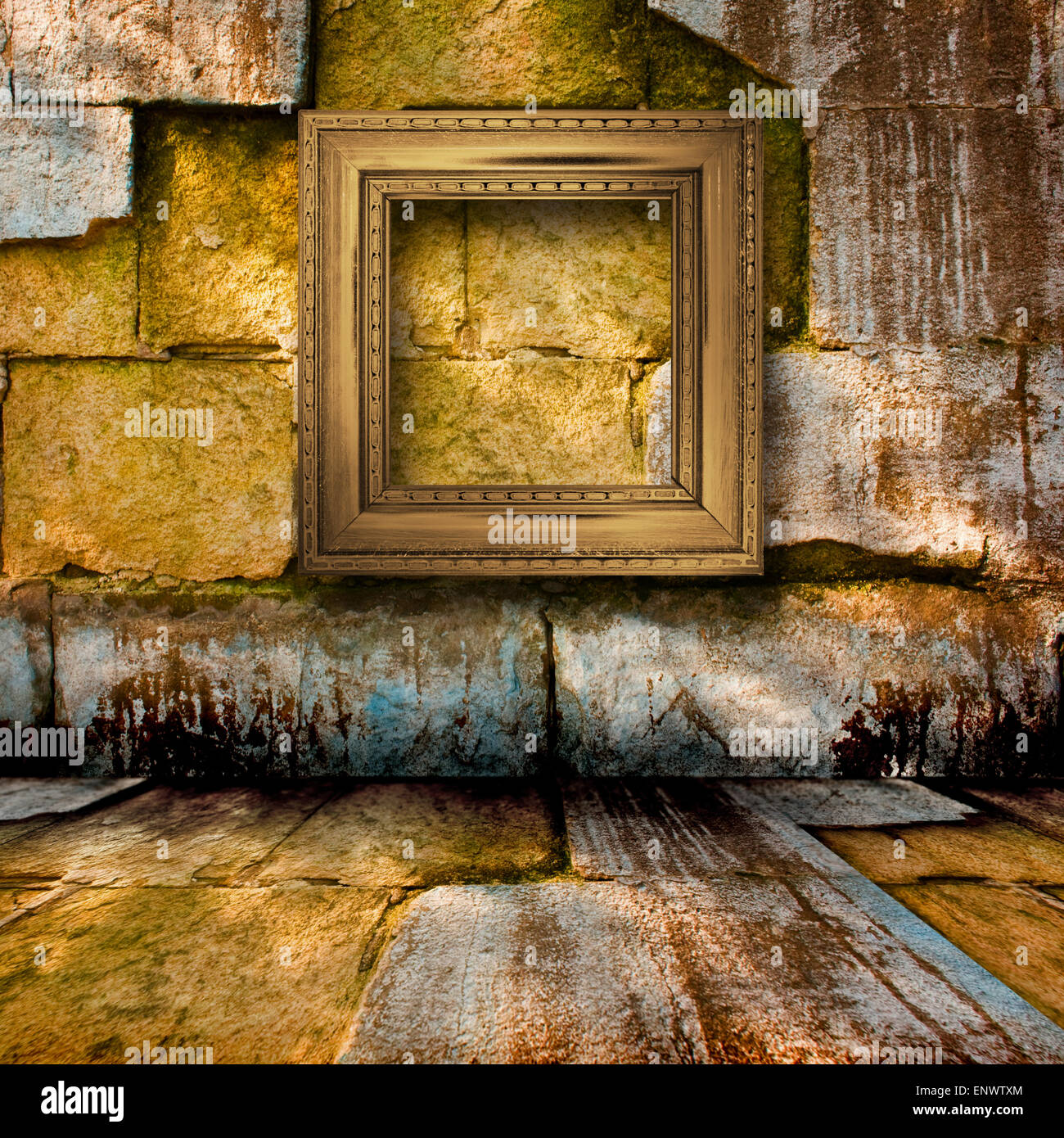 The old stone room with wooden picture frames in Victorian style Stock ...